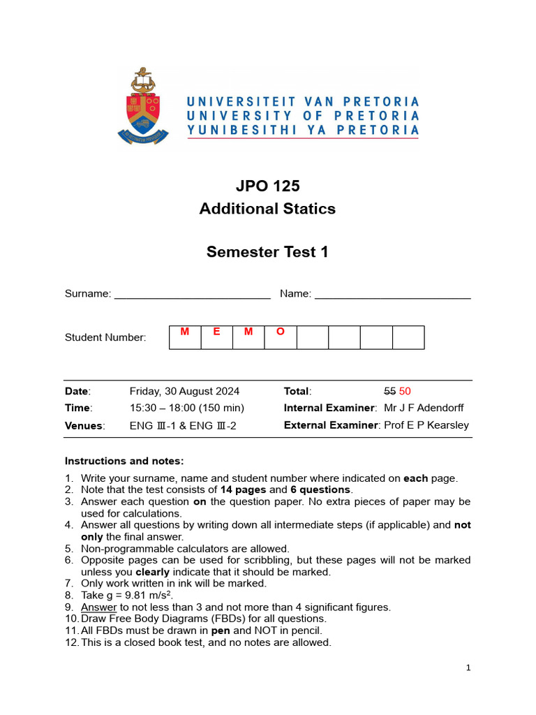 JPO125 ST1 2024 Memo | PDF | Force | Mechanics