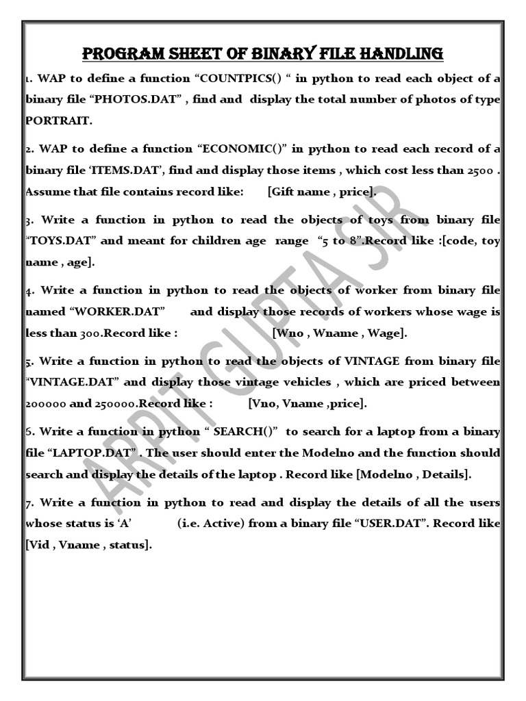 4.2 Program Sheet of Binary File Handling-1 | PDF