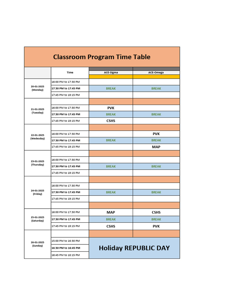 Regular Batch Time Table 20-01-2025 - 27-01-2025 | PDF