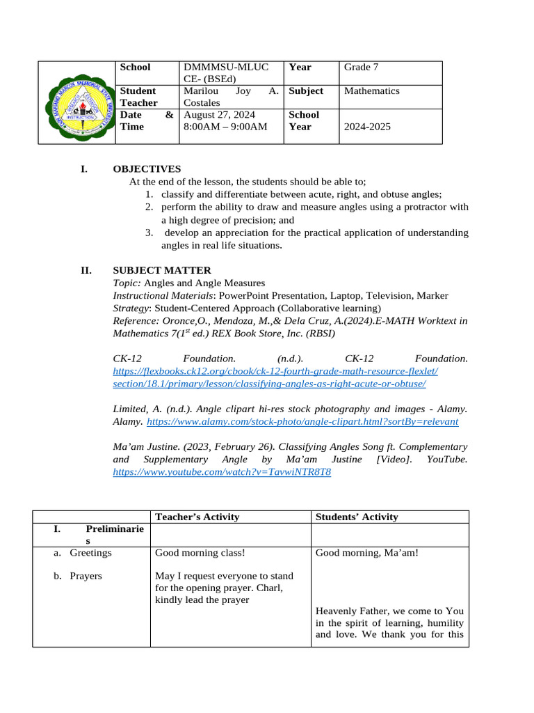 G7-Angles & Angle Measures DLP (Costales) | PDF | Angle | Elementary Geometry