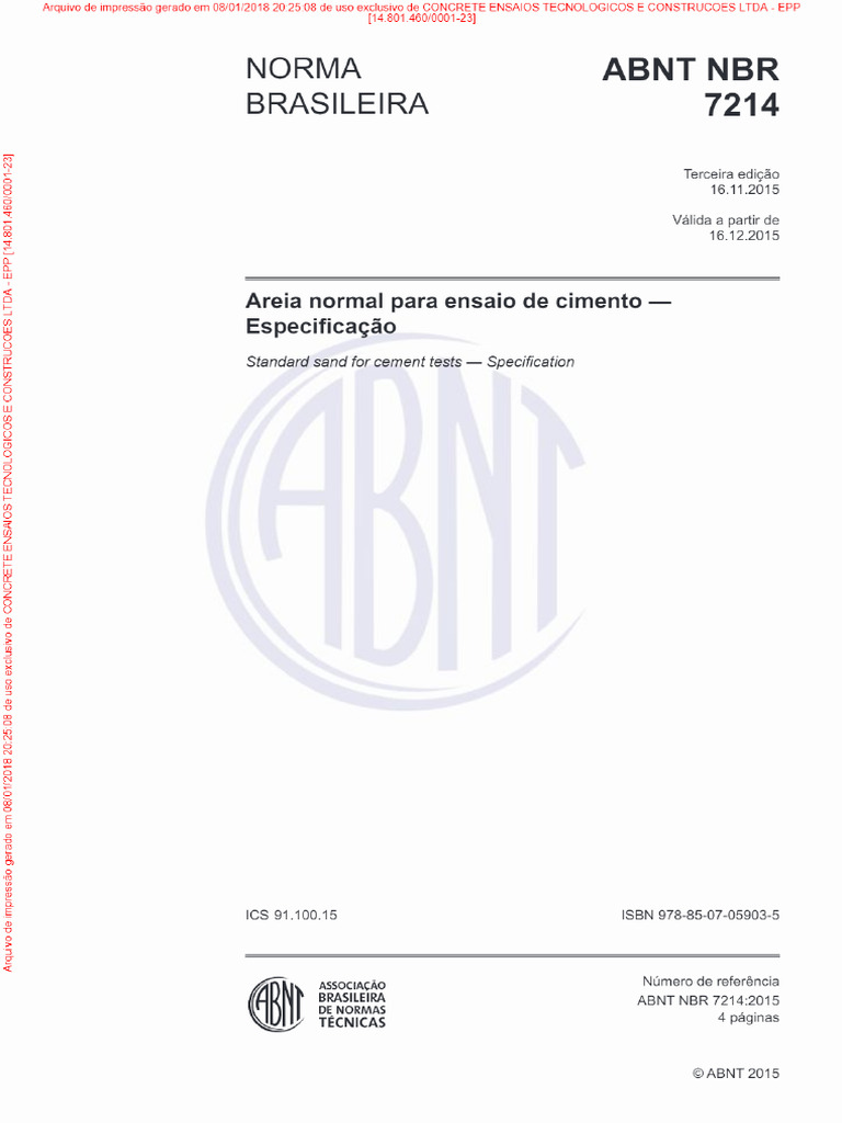 NBR 7214 (2015) - Areia Normal para Ensaio de Cimento (Especificação) | PDF