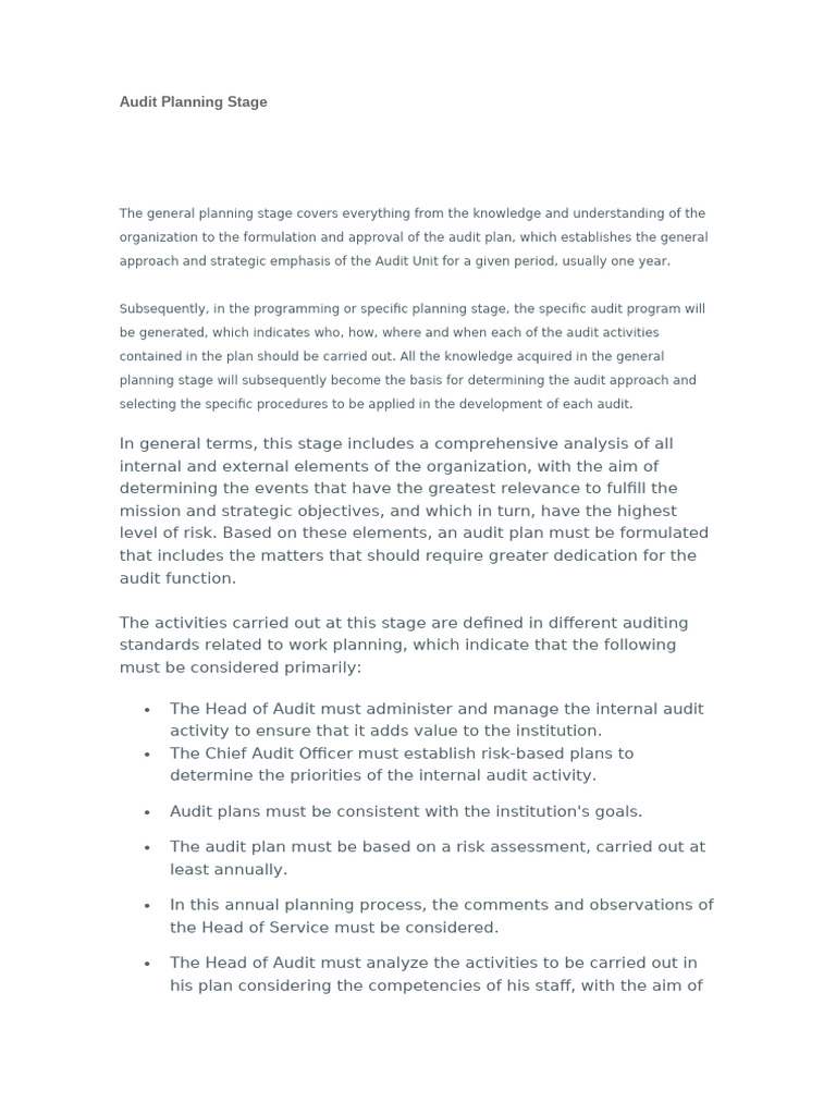 Audit Planning Stage | PDF | Audit | Internal Control