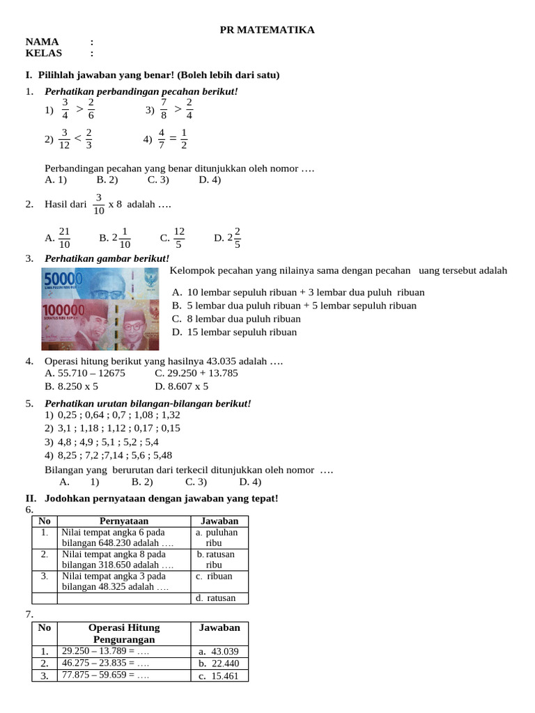 Soal PR Matematika Kelas 5 dan 3 | PDF