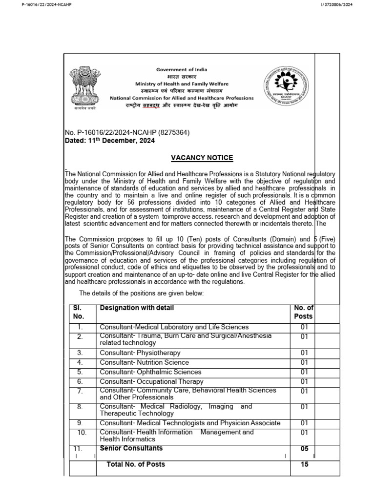 Physio Vacancy in Central Council(NCAHP) | PDF | Health Care | Profession