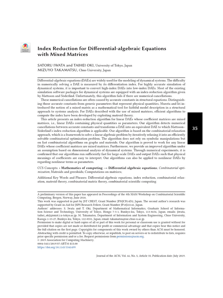 Index Reduction of DAE With Mixed Matrices | PDF | Matrix (Mathematics) | Mathematical Analysis