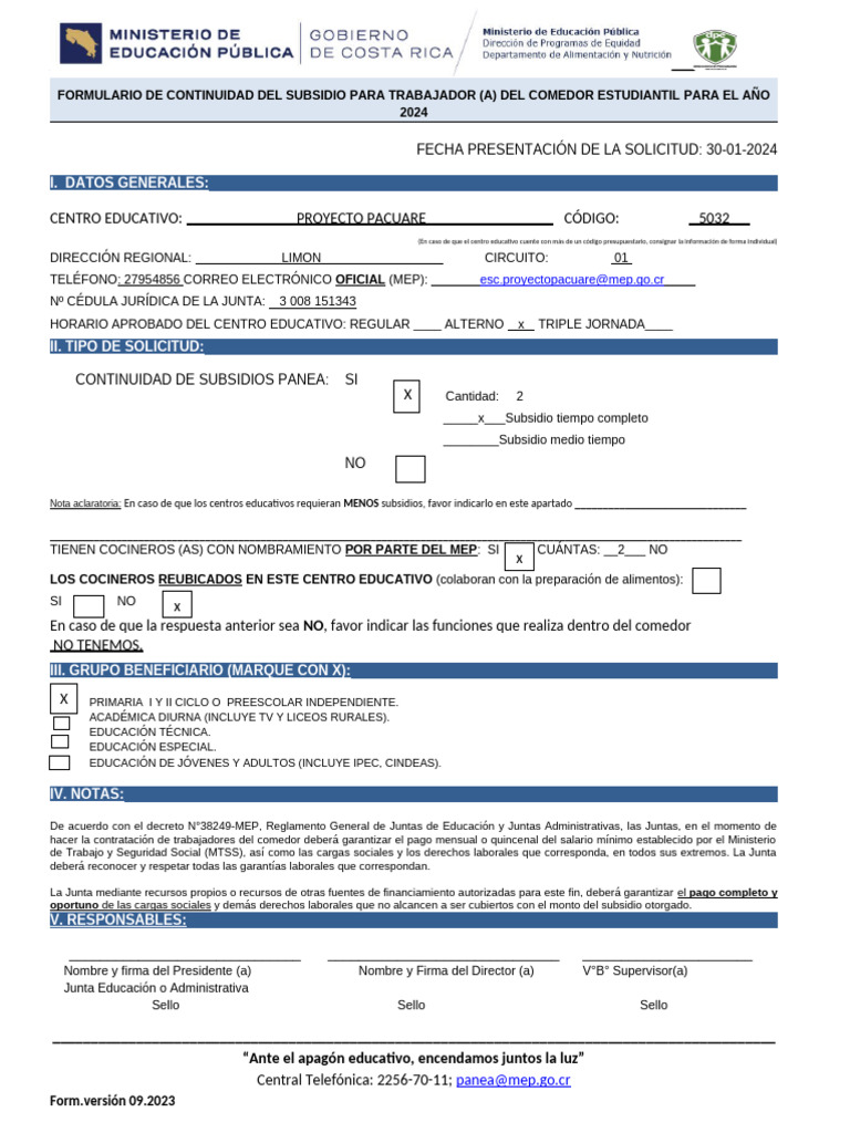 Formulario Continuidad de Subsidio para Trabajador (A) Del Comedor Estudiantil PANEA 2024 | PDF ...