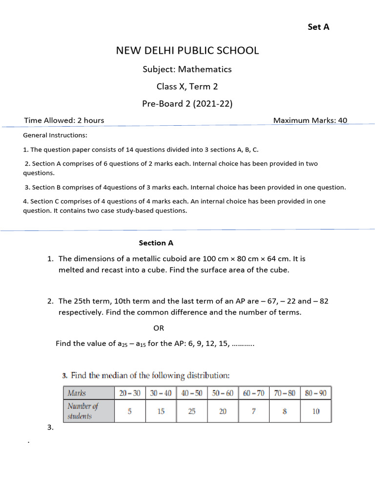 New Delhi Public School: Subject: Mathematics Class X, Term 2 Pre-Board 2 (2021-22) | PDF ...