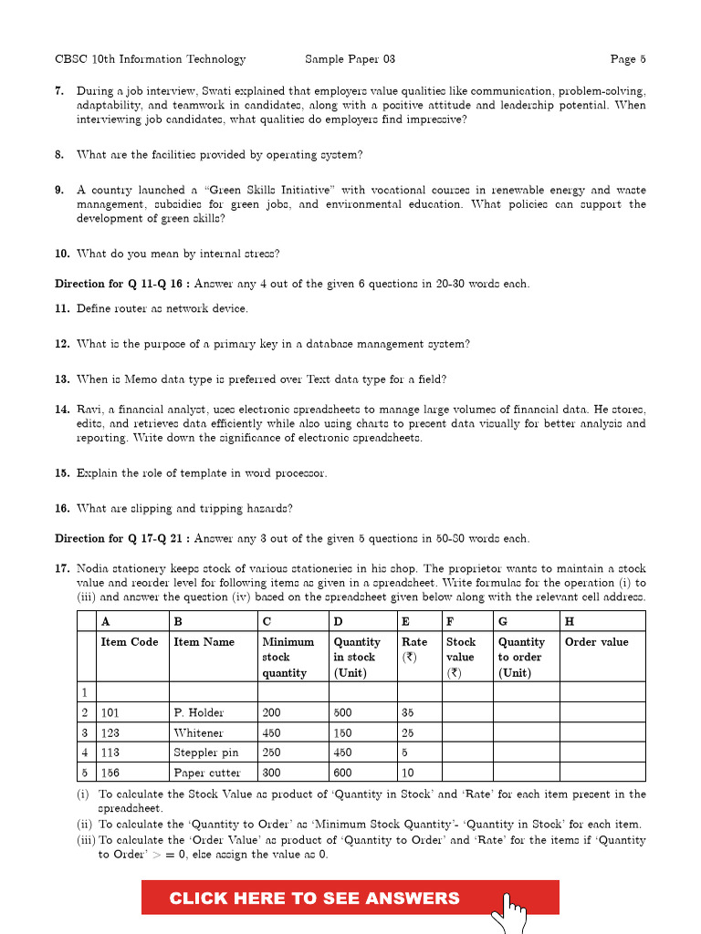 CBSC 10th IT Sample Paper 03 Guide | PDF | Spreadsheet | Data