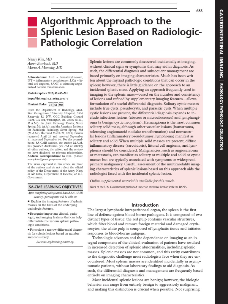 Radiologic Approach to Splenic Lesions | PDF | Spleen | Epithelium