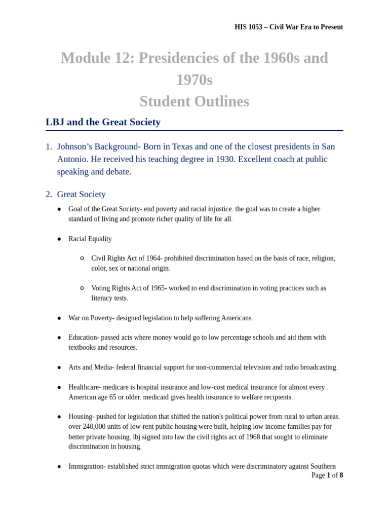 Module 12 Presidencies of The 1960s and 1970s Student Outlines | PDF ...