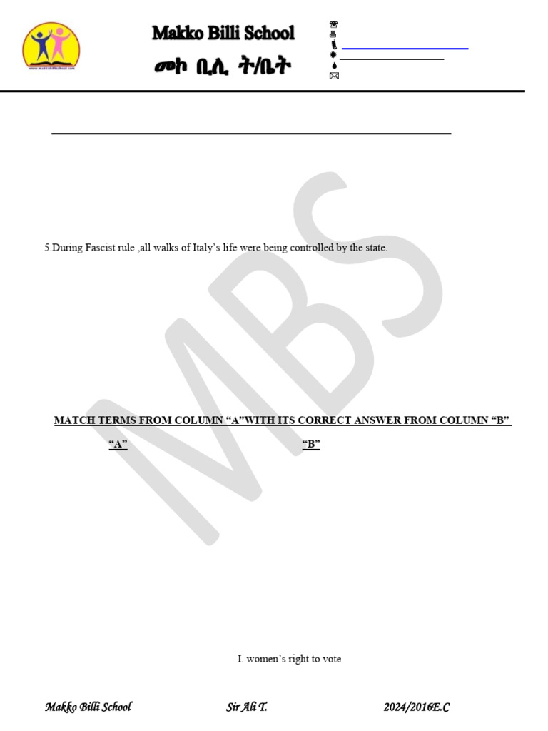 Grade 10 History Worksheet on WWI and Fascism | PDF | Fascism | World War I