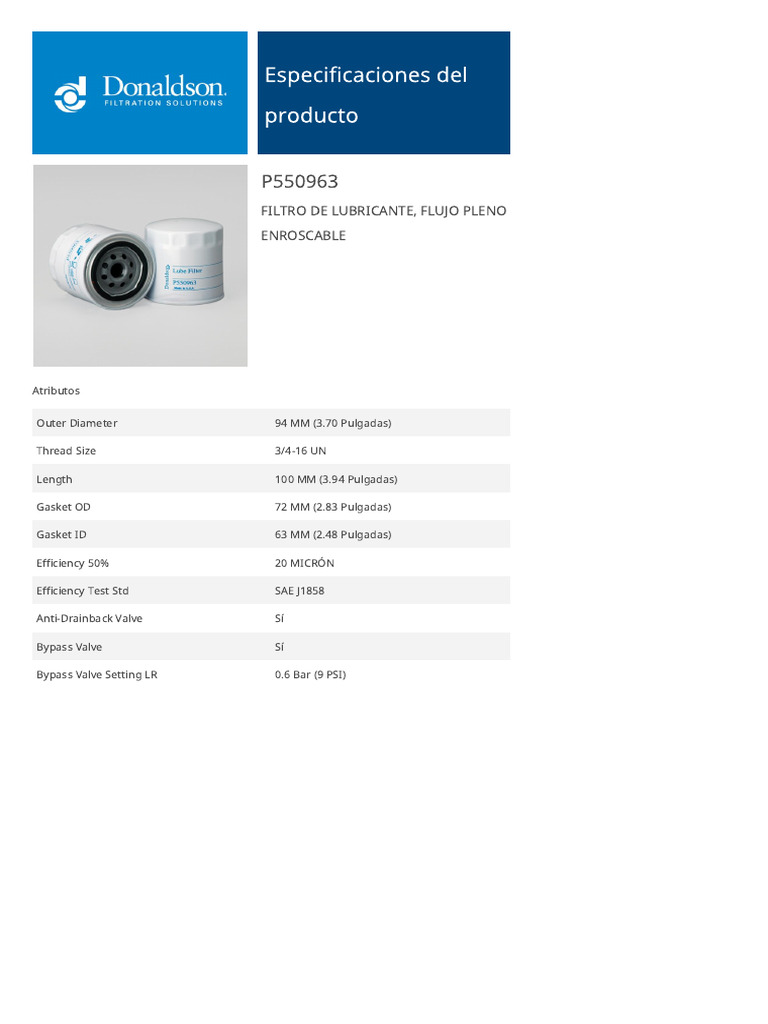 Filtro Aceite Diferencial B34 P550963 51085 LF3604 Chuto Freihtliner | PDF