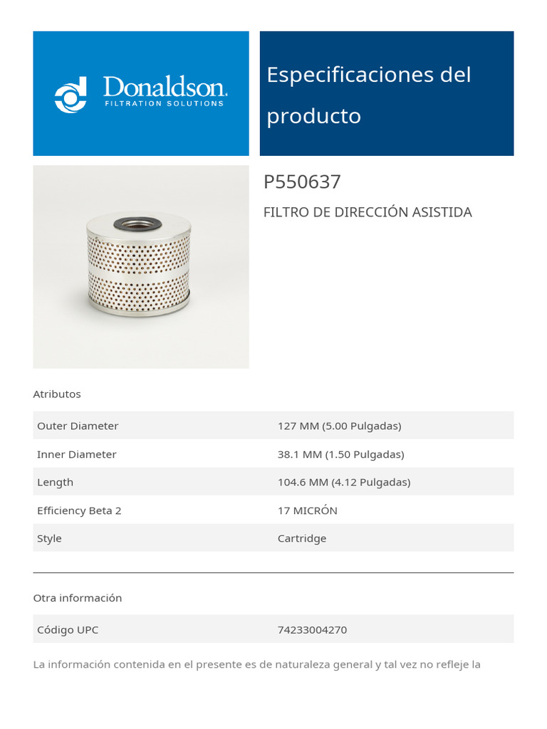 Filtro de Dirección Asistida P550637 | PDF
