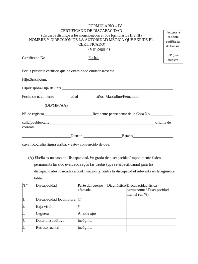 Formato de Certificado de Discapacidad | PDF | Invalidez