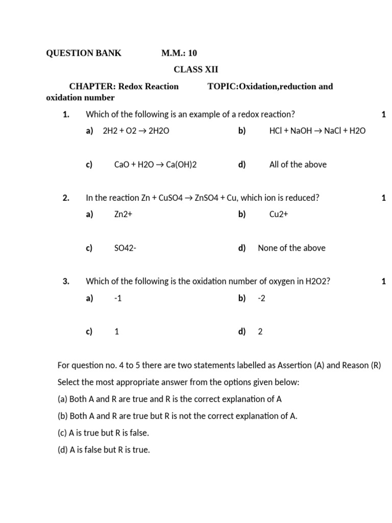 7 Question Bank of Redox Reactions | PDF