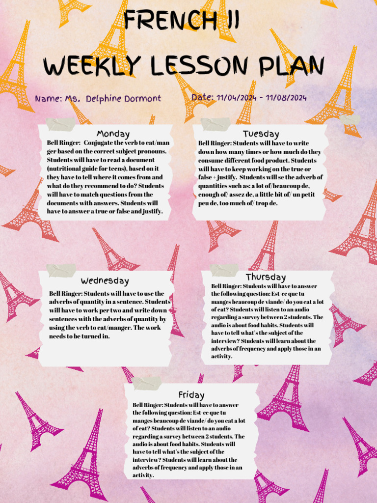 Weekly French II Lesson Plans | PDF | Linguistic Typology | Languages