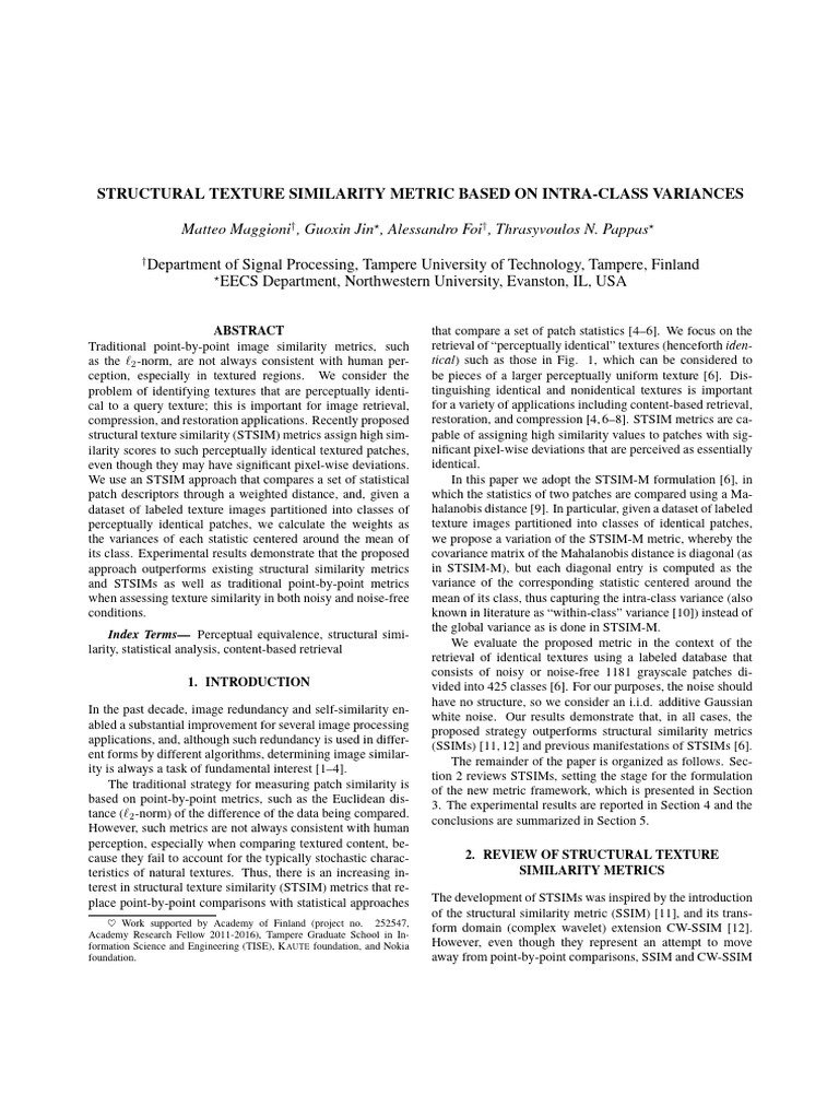 2014 Structural Texture Similarity Metric Based On Intra-Class Variances | PDF | Variance ...