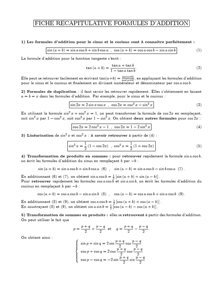 Formules d'Addition et Duplication Trigo | PDF | Fonction ...