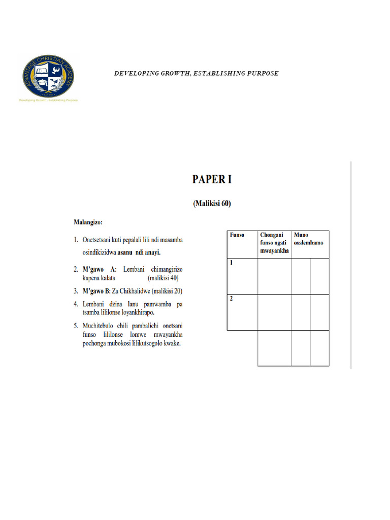 2024 Aca Chichewa I Msce Mock | PDF