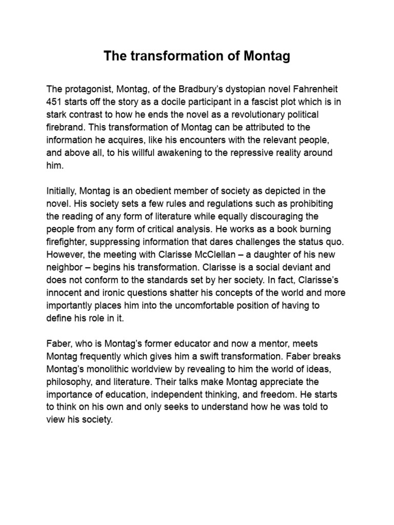 Montag's Transformation in Fahrenheit 451 | PDF