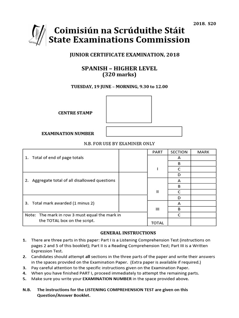 2018 Junior Cert Spanish Exam Paper | PDF
