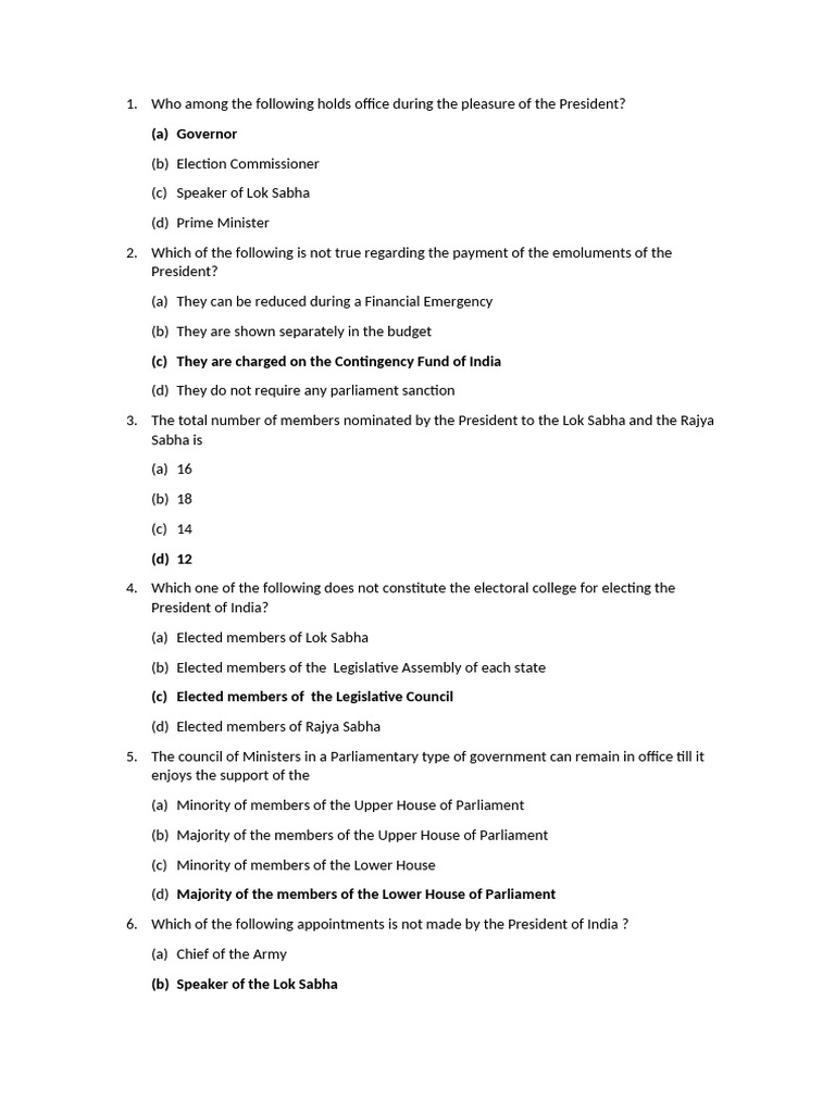Indian Presidential Powers Quiz | PDF | Government Of India | Bill (Law)