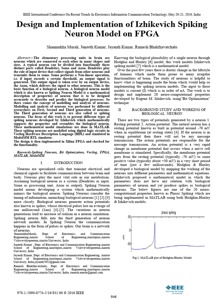 Design and Implementation of Izhikevich Spiking Neuron Model On FPGA | PDF | Neuron | Action ...