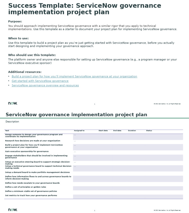 ServiceNow Governance Project Plan Template | PDF