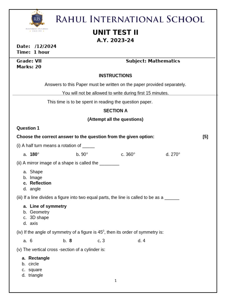 Grade VII Mathematics Unit Test 2023-24 | PDF | Shape | Triangle