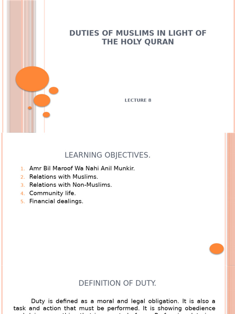 Lecture 8. (Part 1) Duties of Muslims in The Holy Quran | PDF | Quran | Islam