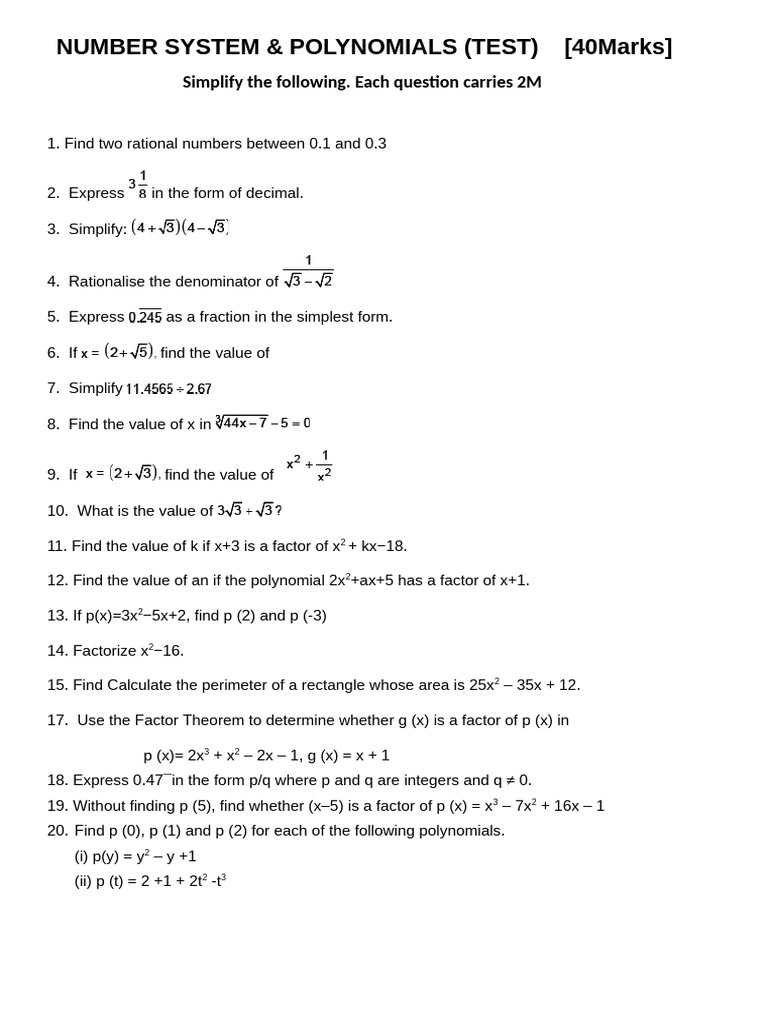 Ch1 & 2 (Number Sys + Polynomials) | PDF