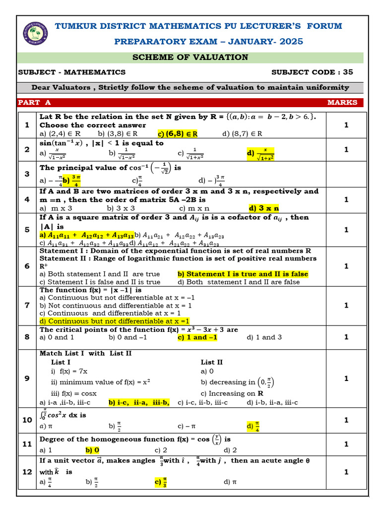 Tumkur District Mathematics Exam Valuation | PDF | Linear Algebra ...