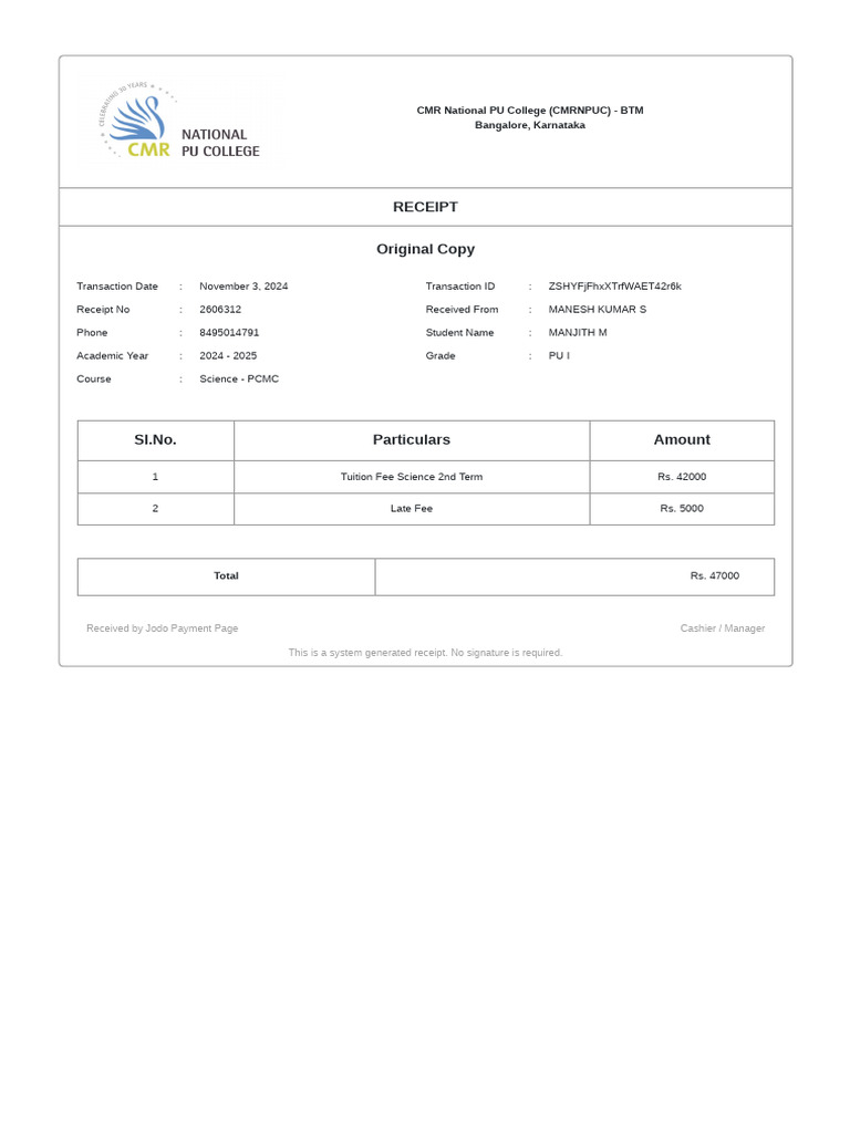 CMRNPUC Receipt for Manjith M 2024-25 | PDF