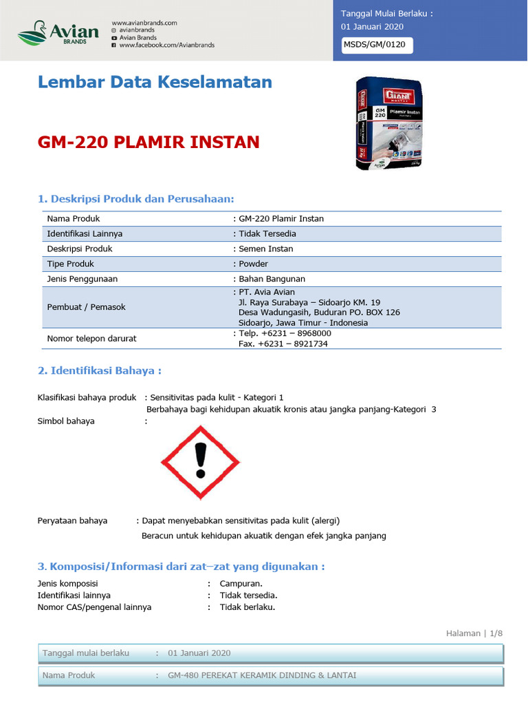 MSDS GM-220 & GM-480: Keselamatan Produk | PDF