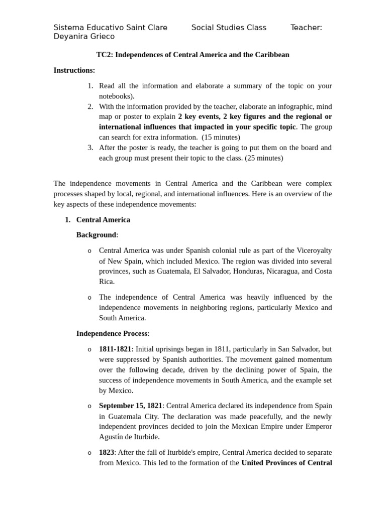 Independence of Central America and The Caribbean | PDF | Central ...