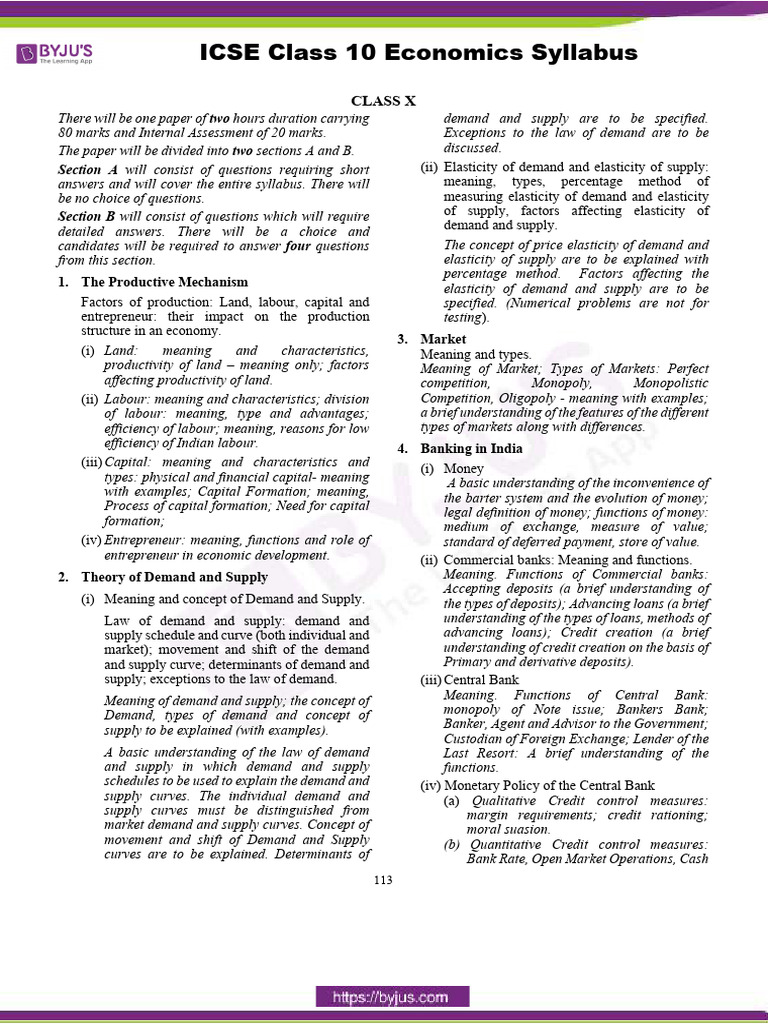 ICSE Class 10 Economics Syllabus | PDF | Elasticity (Economics) | Money
