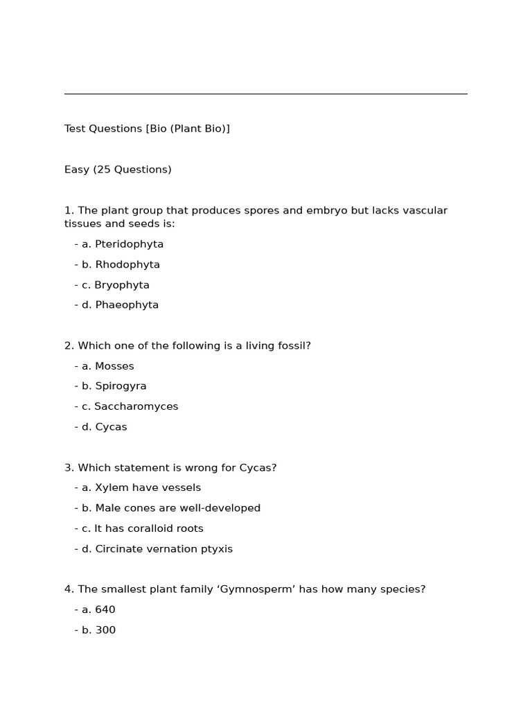 Test Questions (Bio (Plant Bio) ) | PDF | Moss | Plant Reproduction