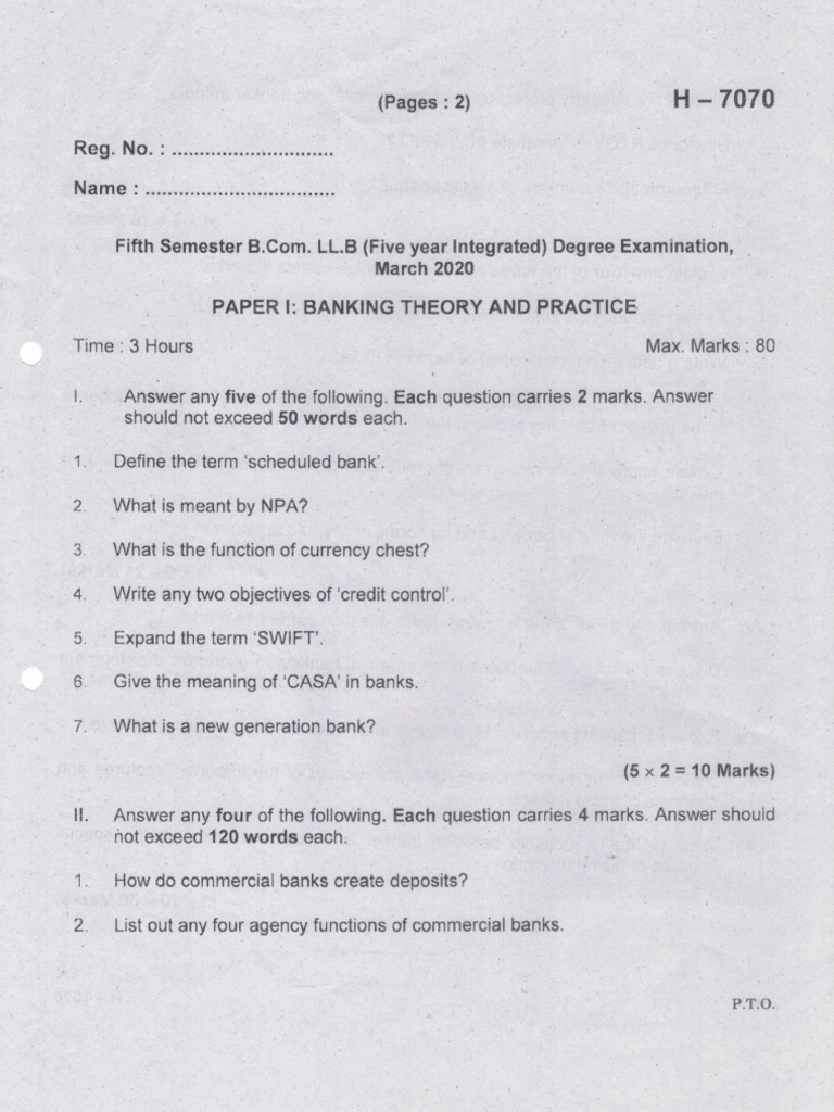 Banking BCom Mar 2020 V Sem | PDF
