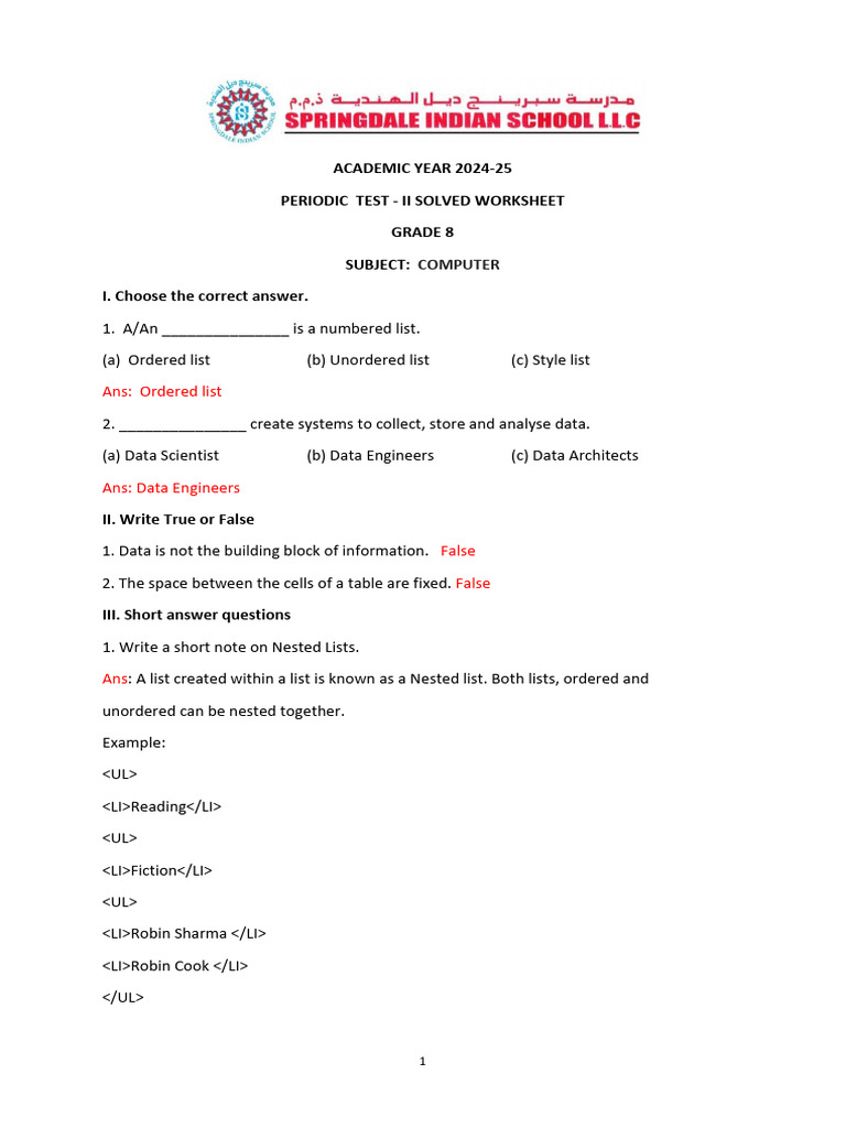 Computer Grade 8 Solved Worksheet | PDF