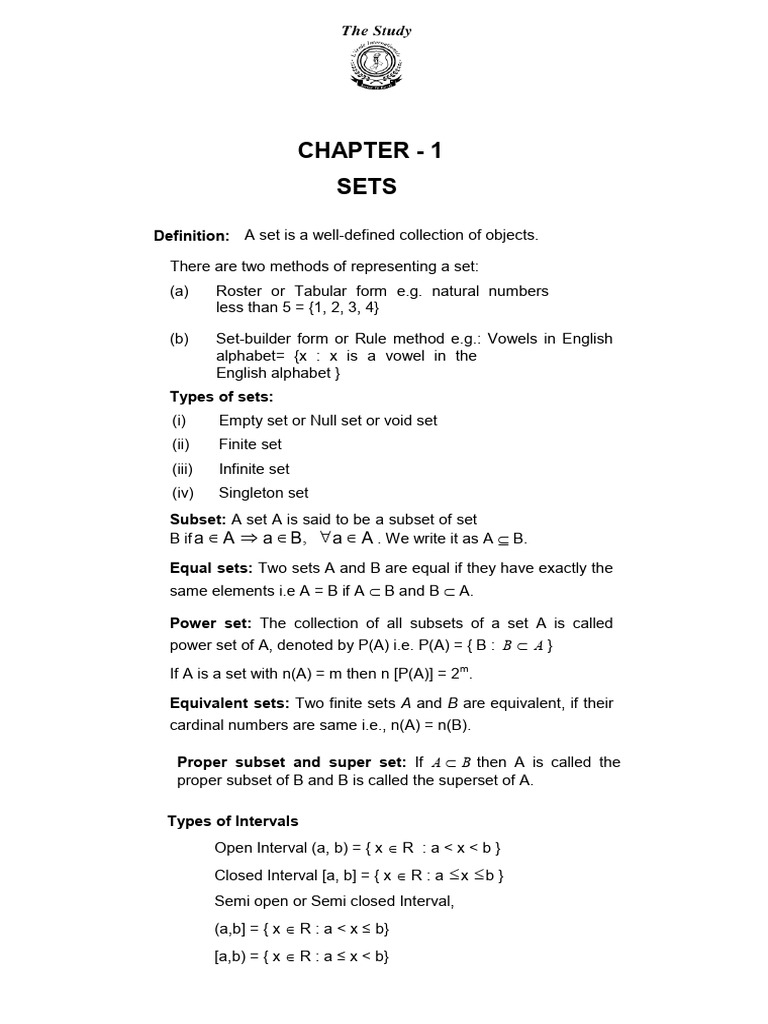 Chapter 1- Sets ( Notes) | PDF | Set (Mathematics) | Mathematical Logic