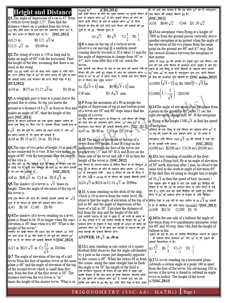 Trigonometry Problems on Height and Distance | PDF | Height | Distance