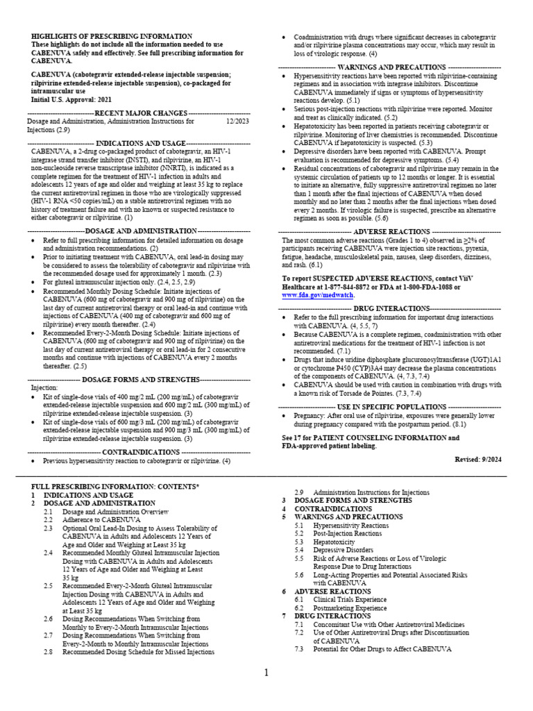 CABENUVA HIV Treatment Guide | PDF | Injection (Medicine) | Medicinal ...