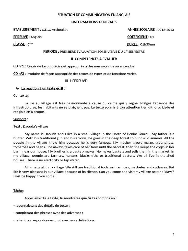 1er devoir 5ème 2nd semestre 2012-2013 | PDF