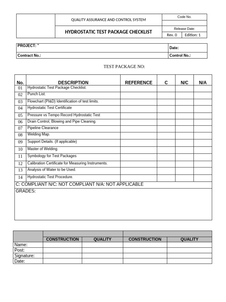 Hydrostatic Test Package Checklist 1 | PDF