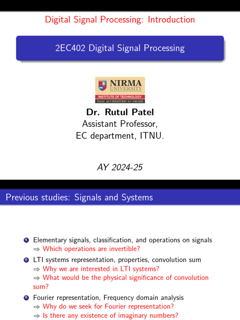 1 - Introduction To DSP - RP - 2025 | PDF | Digital Signal Processing | Discrete Fourier Transform