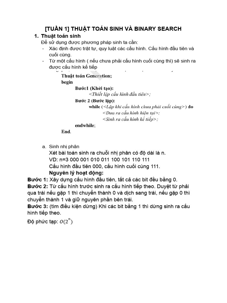 (TUẦN 1) THUẬT TOÁN SINH VÀ BINARY SEARCH | PDF