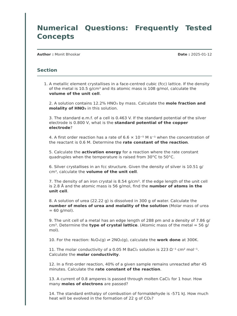 Chemistry Top 20 Numerical | PDF | Mole (Unit) | Crystal Structure