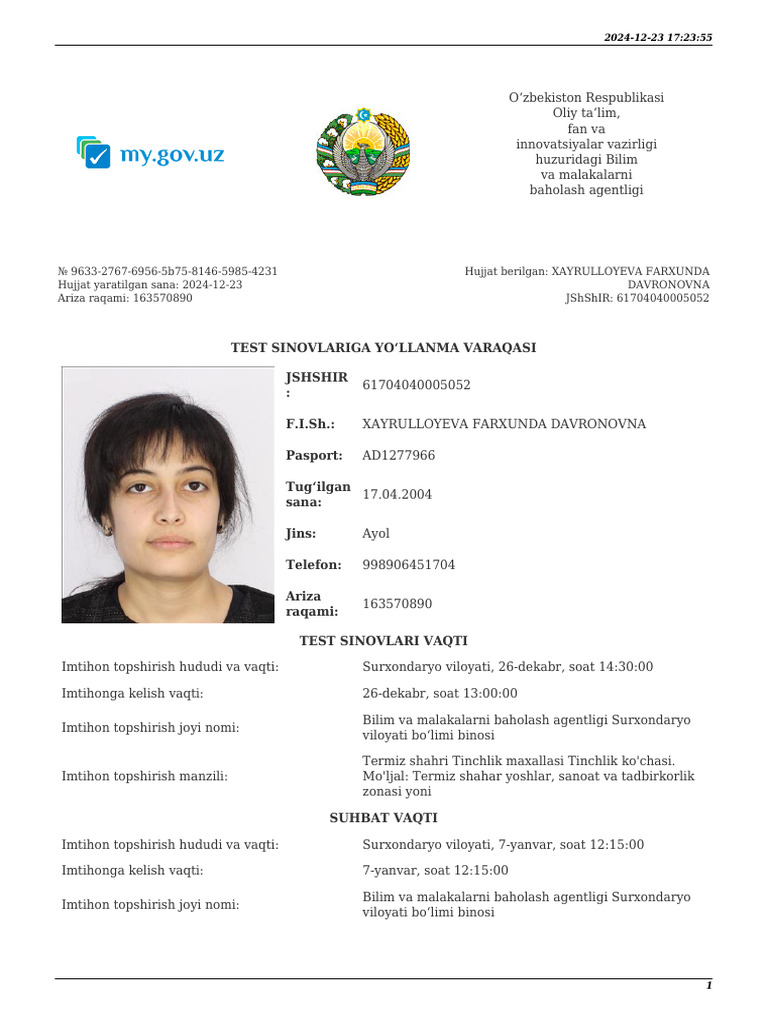 Test Sinovlariga Yo Llanma Varaqasi Jshshir: F.I.Sh.: Pasport: Tug ...