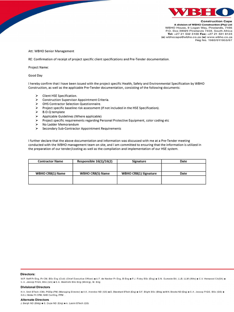 Confirmation of Reciept of Client Specification | PDF