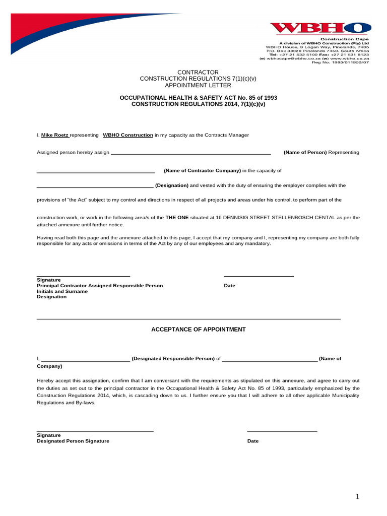 Contractor Safety Appointment Letter CR 7 | PDF | Occupational Safety ...